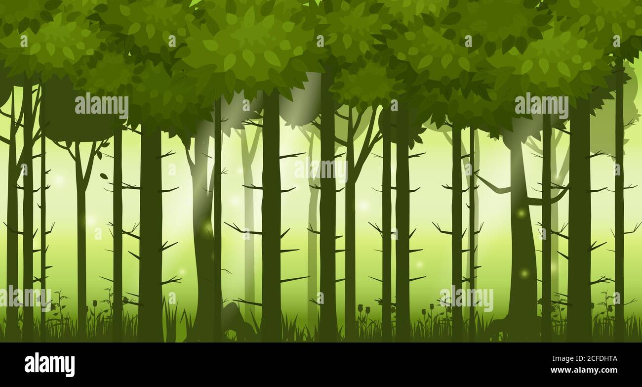 Cartoon illustration of background forest. Bright forest woods ...