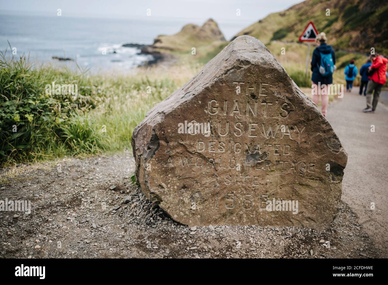 Boulder with inscription at Giant's Causeway, Northern Ireland, UK ...