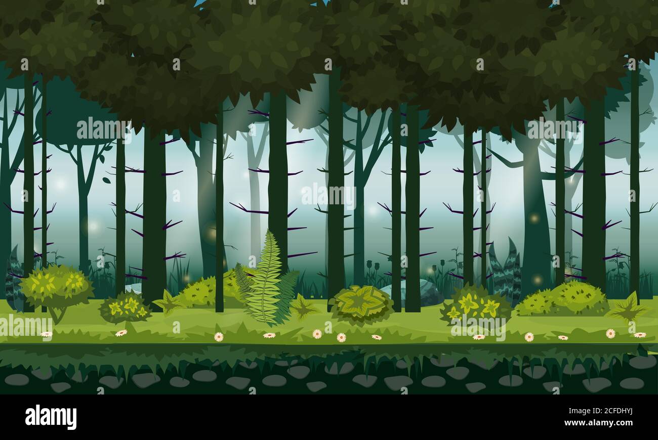 Cartoon illustration of background forest. Bright forest woods ...