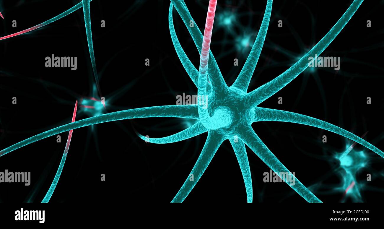 Neon neuron cells on the black background. 3d model. 3D illustration ...