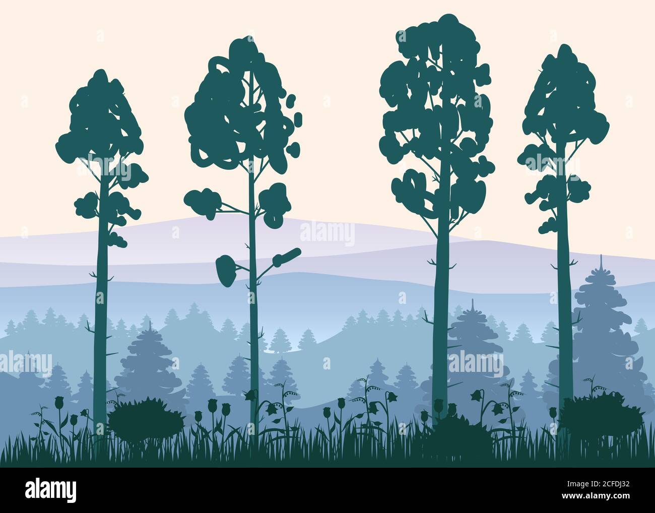 Sunny forest background. Vector illustration of woods in forest in ...