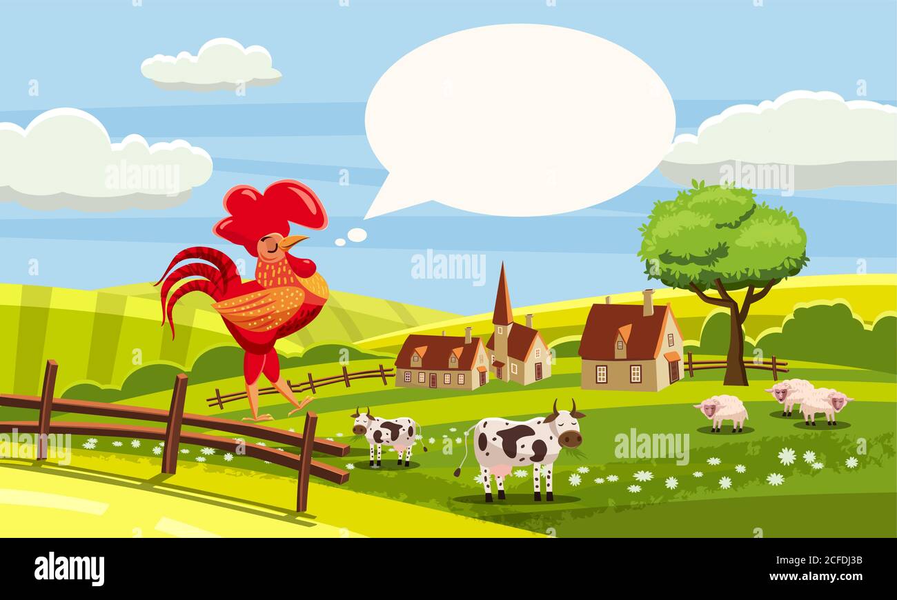 Rural cute farm view, rooster, cow, sheep, cock sitting on a fence ...