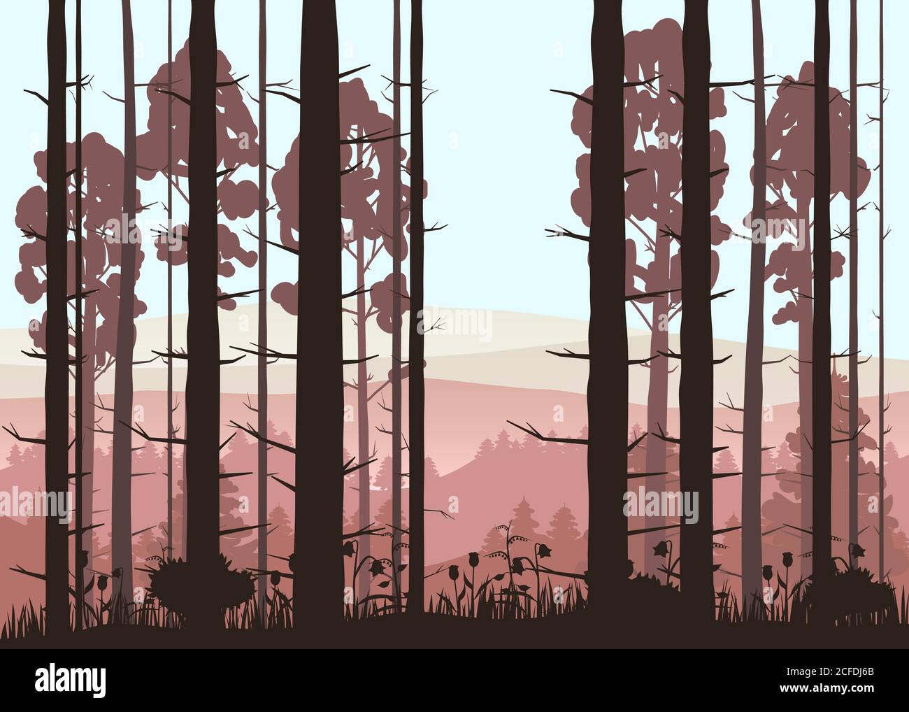 Sunny forest background. Vector illustration of woods in forest in ...