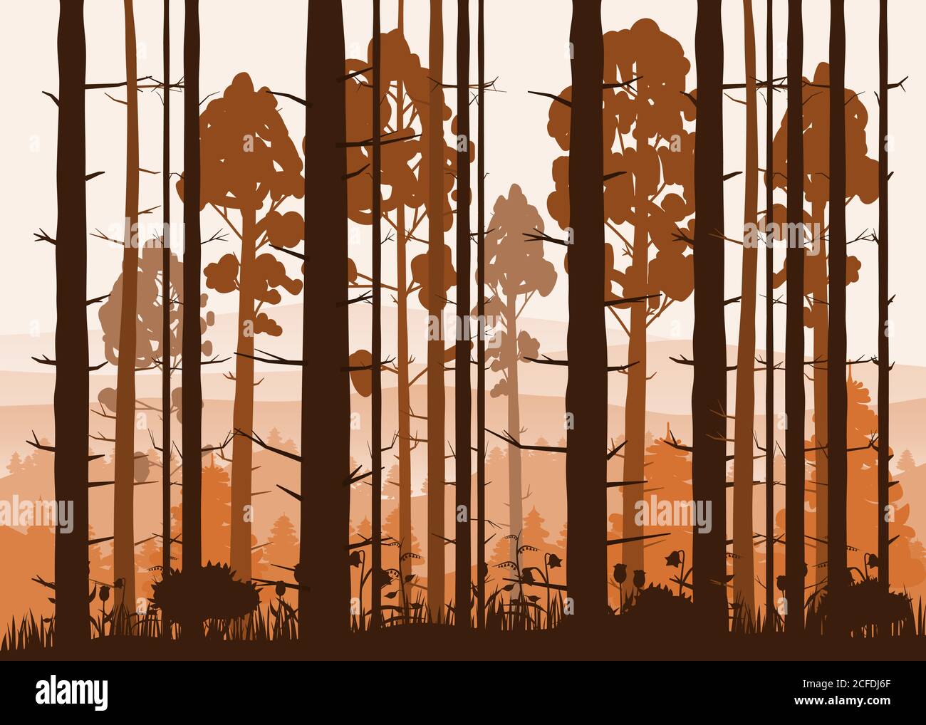 Sunny forest background. Vector illustration of woods in forest in ...
