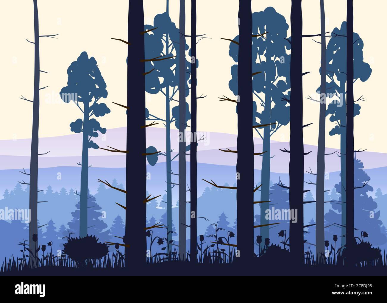 Sunny forest background. Vector illustration of woods in forest in ...