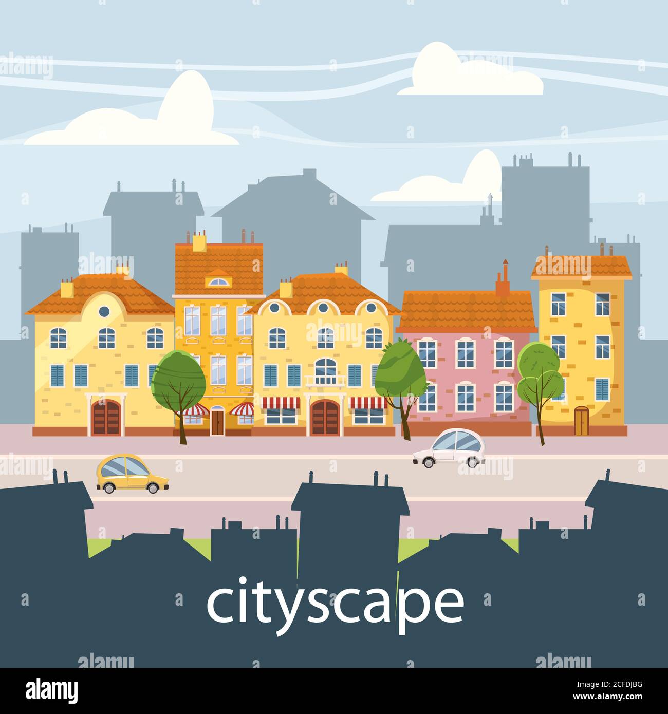 Cute cityscape, beautiful houses, cartoon style, isolated, vector ...