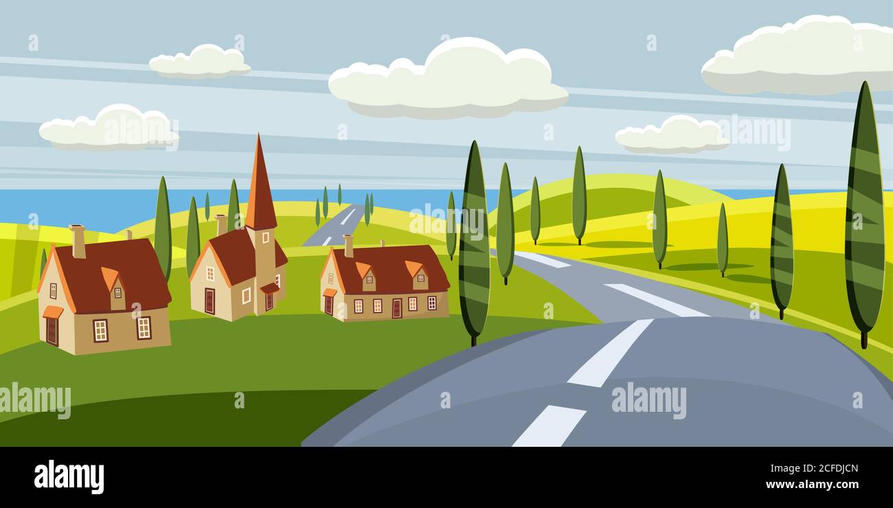 Cartoon landscape with road, higway, countryside and summer, sea, sun ...