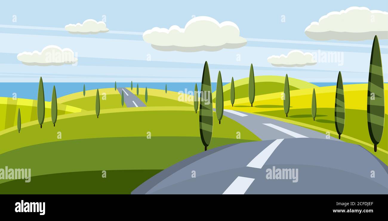 Cartoon landscape with road, higway and summer, sea, sun, trees. Trip ...