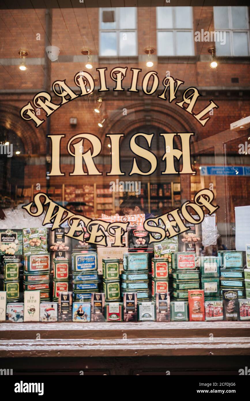 Shop window of a traditional irish sweet shop, Temple Bar district ...