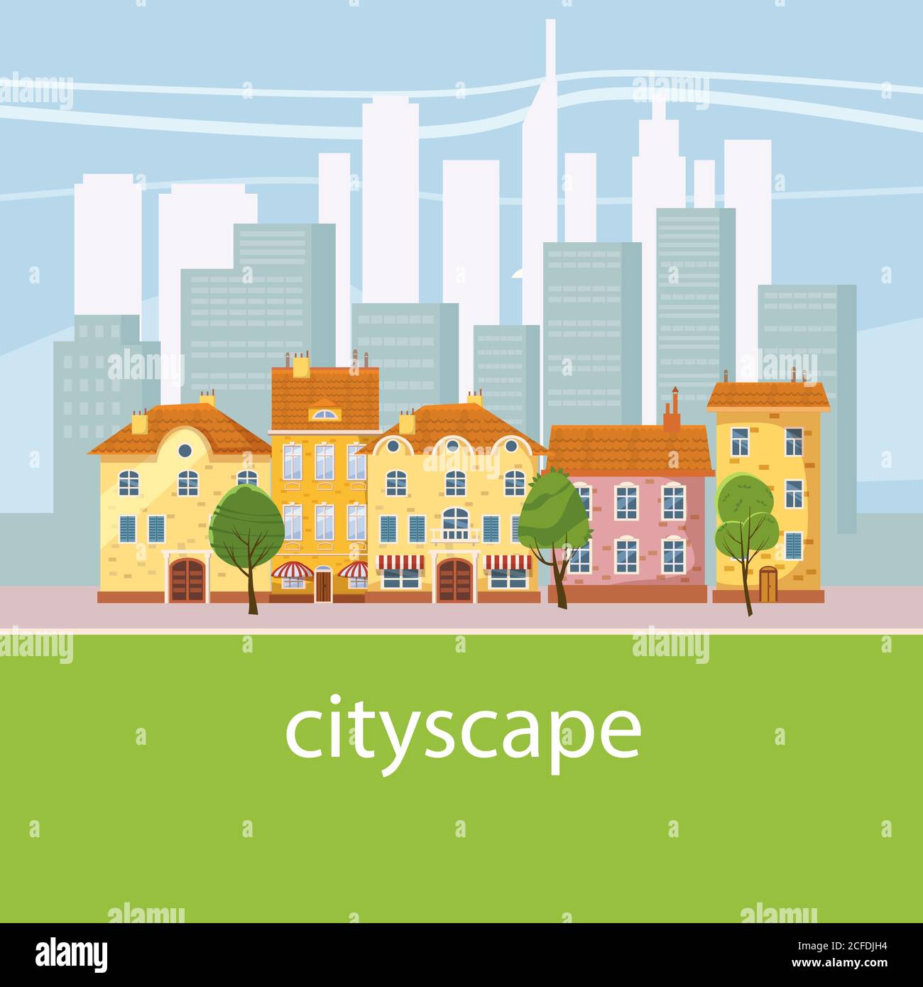 Urban landscape with large modern buildings and suburb with private ...