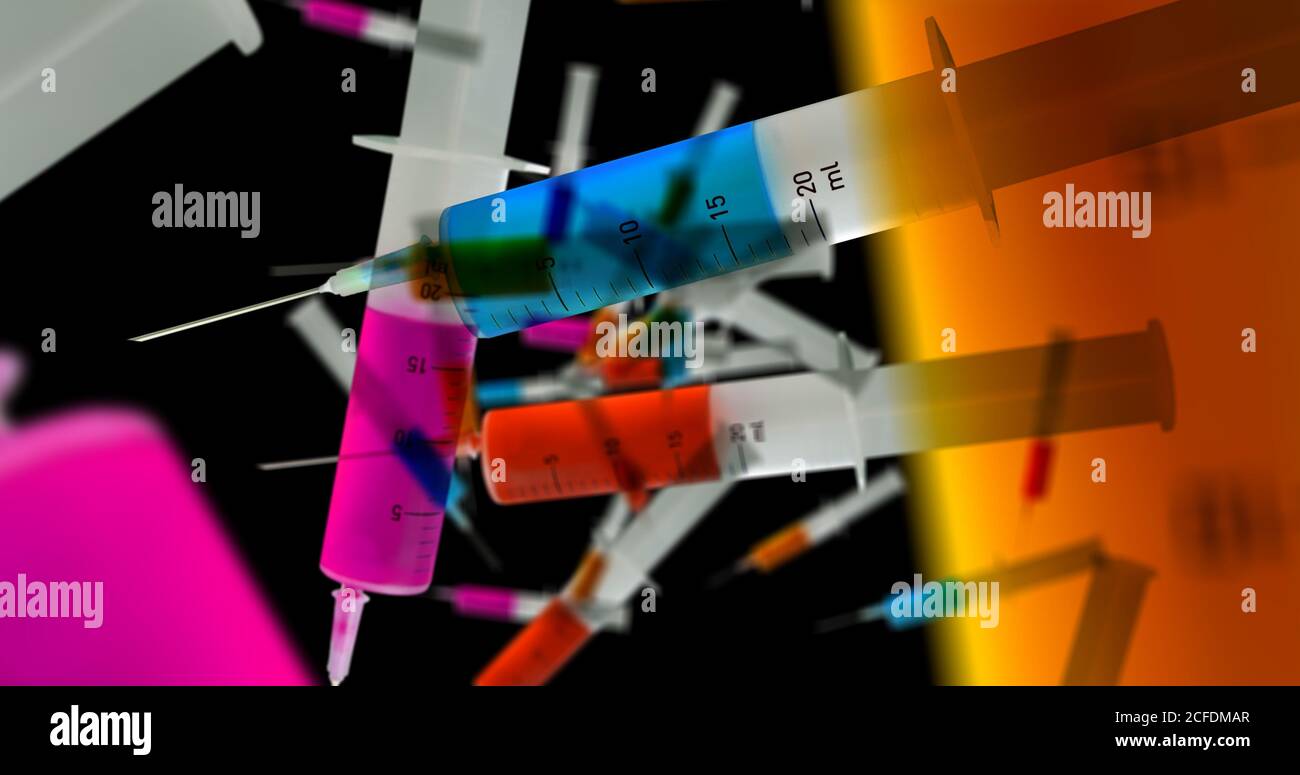 Medical syringes falling, full of drugs or vaccine. Healthcare, science ...