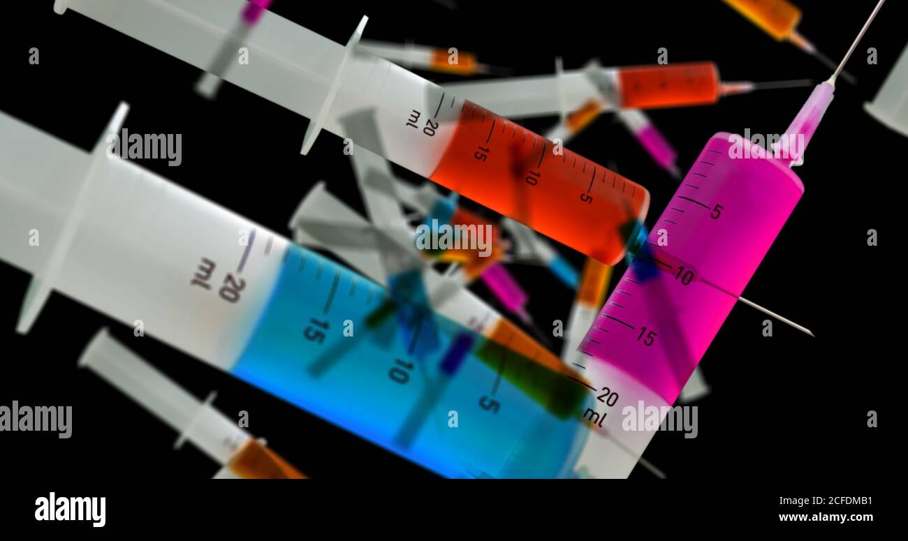 Medical syringes falling, full of drugs or vaccine. Healthcare, science ...