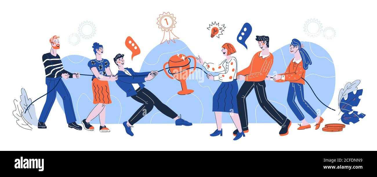 Business teams pulling rope, tug of war as business competition ...