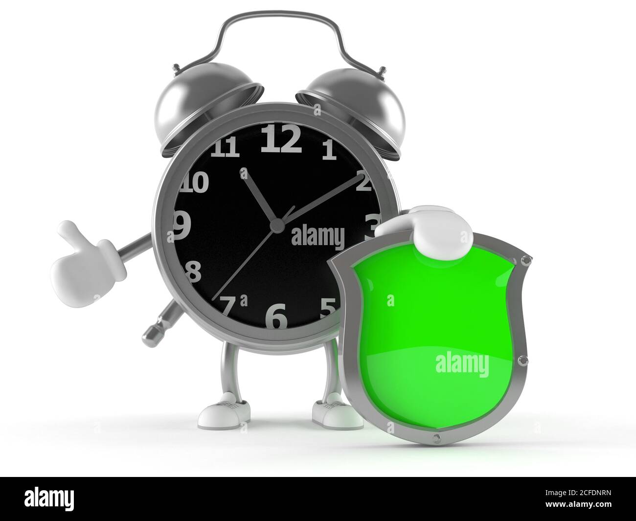 Alarm clock character with protective shield isolated on white ...