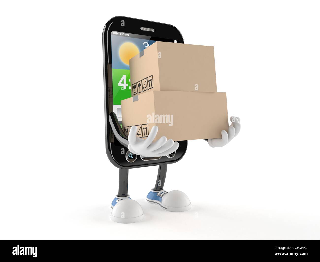 Smart phone character with boxes isolated on white background Stock ...