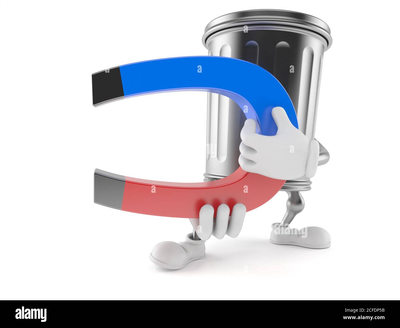 Trash can character holding magnet on white background Stock Photo - Alamy