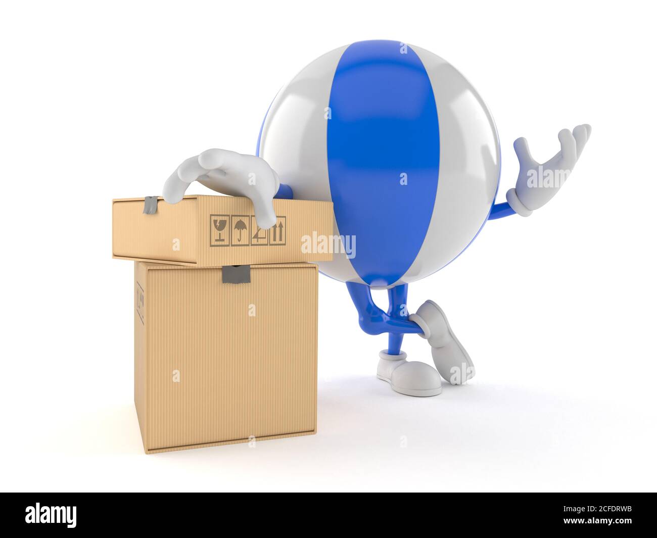 Beach ball character with stack of boxes isolated on white background ...