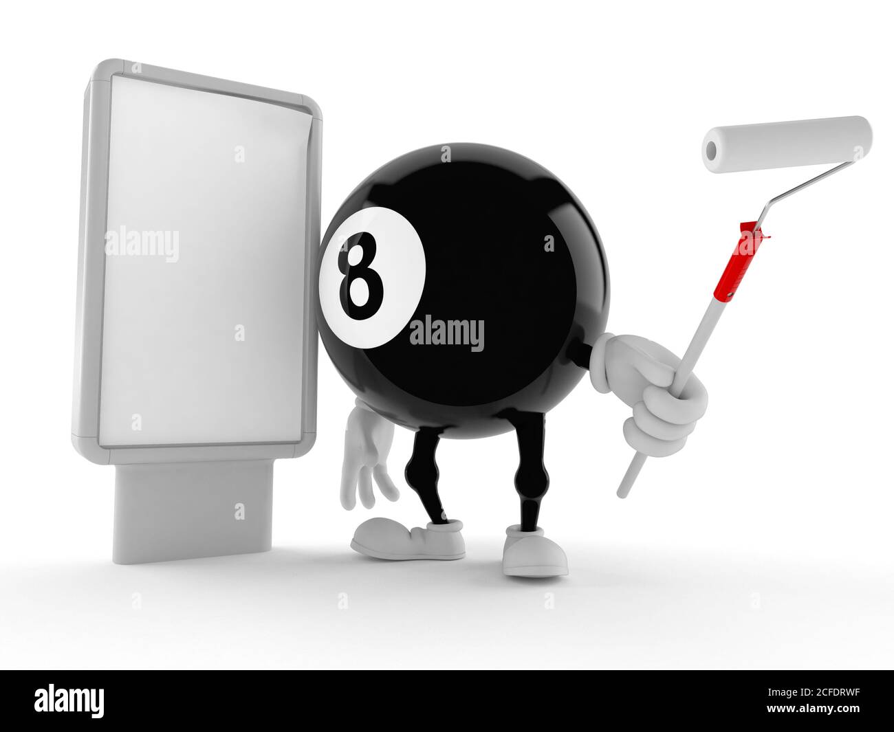 Eight ball character with blank billboard isolated on white background ...
