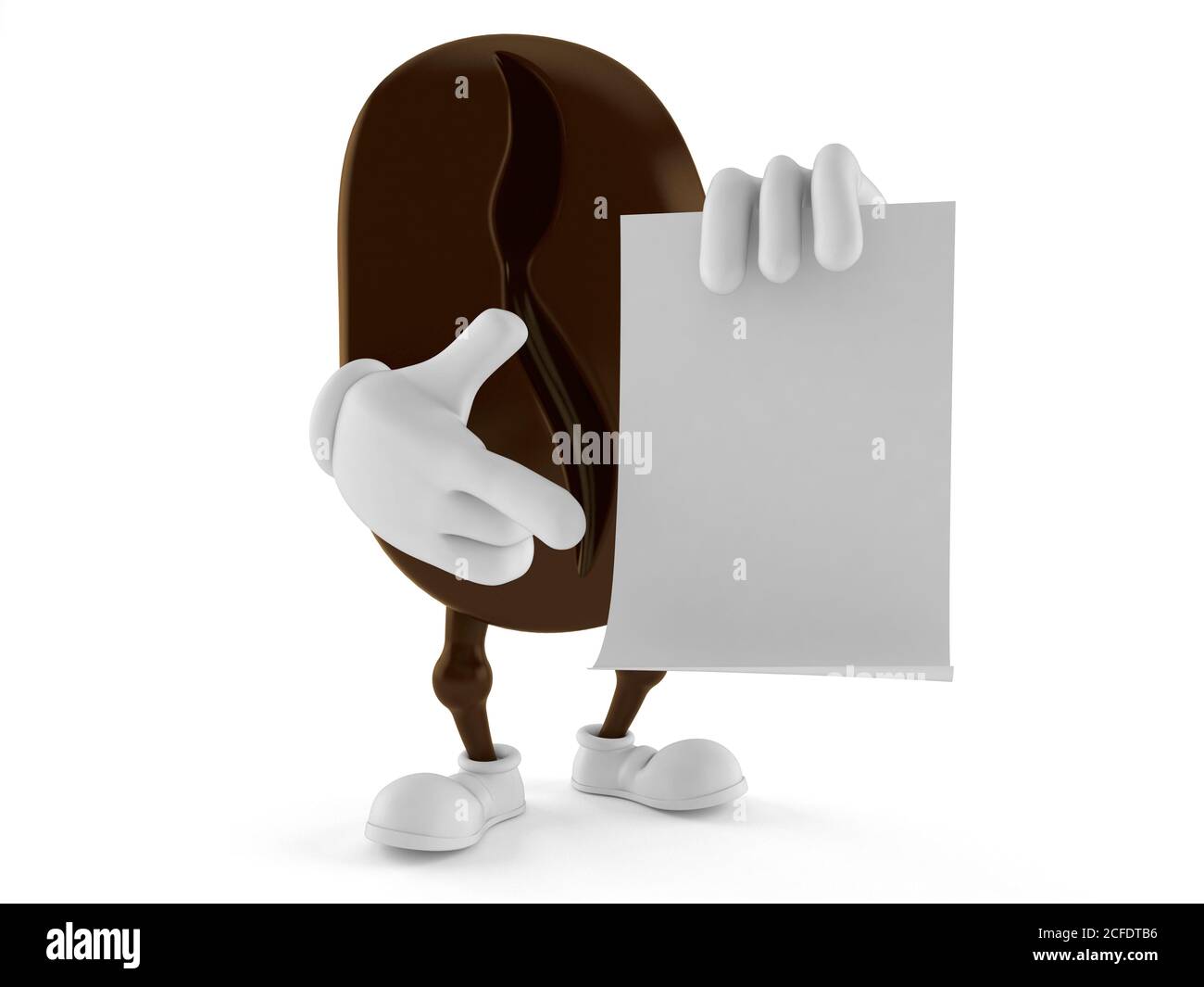Coffee bean character with blank document isolated on white background ...