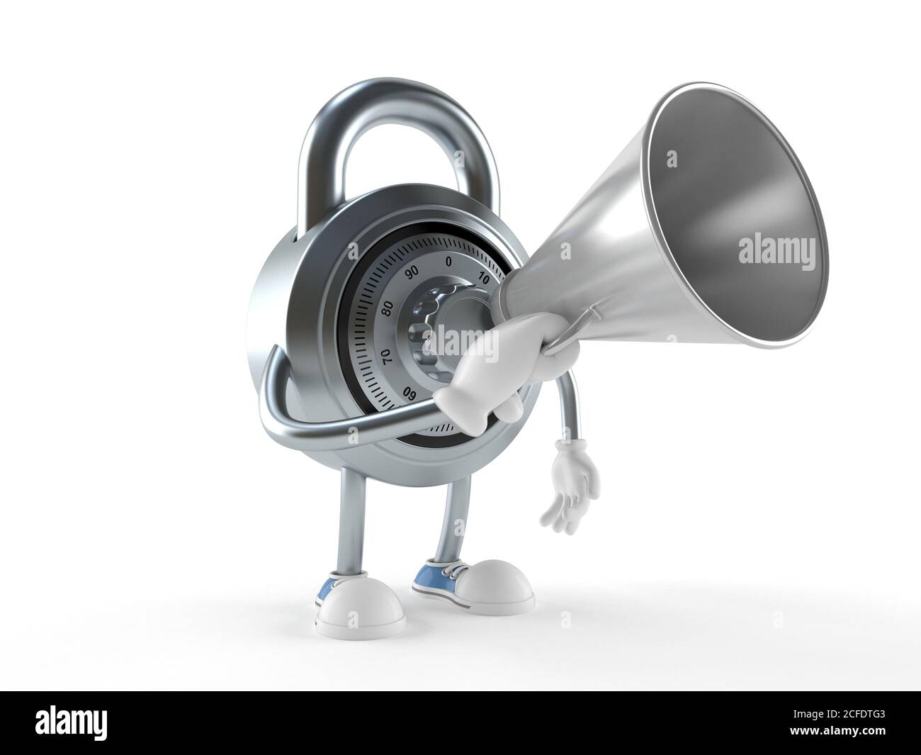 Combination lock character speaking through a megaphone isolated on ...