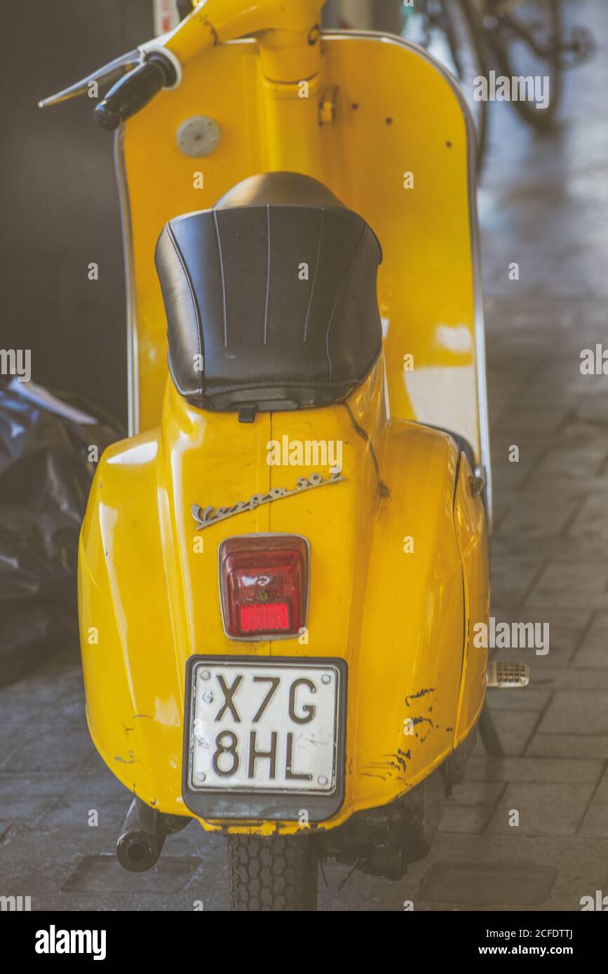terni,italy september 05 2020:vintage piaggio vespa in yellow color ...