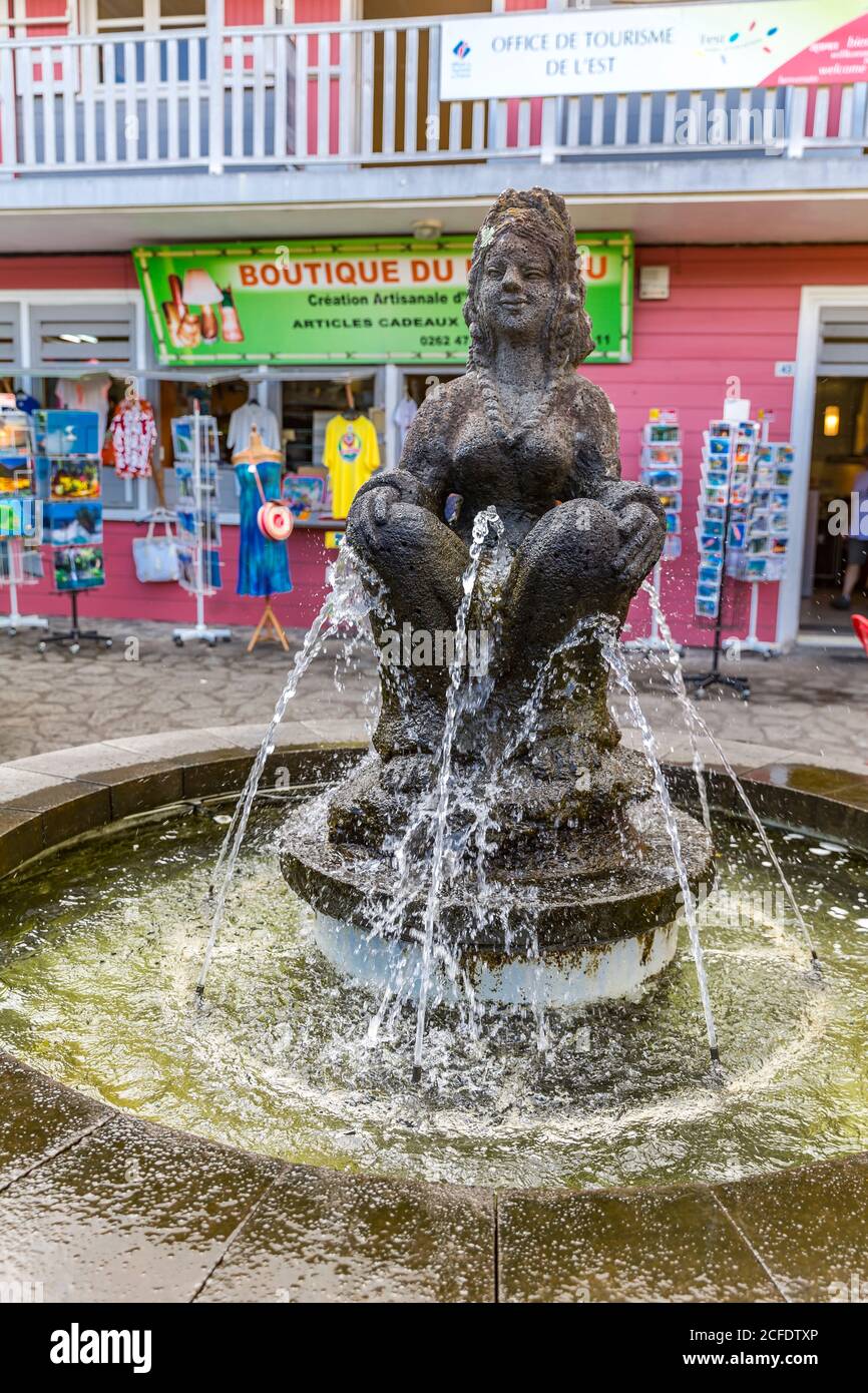 Heva, basalt statue by Gilbert Clain, in 2000, Hell-Bourg, one of the ...