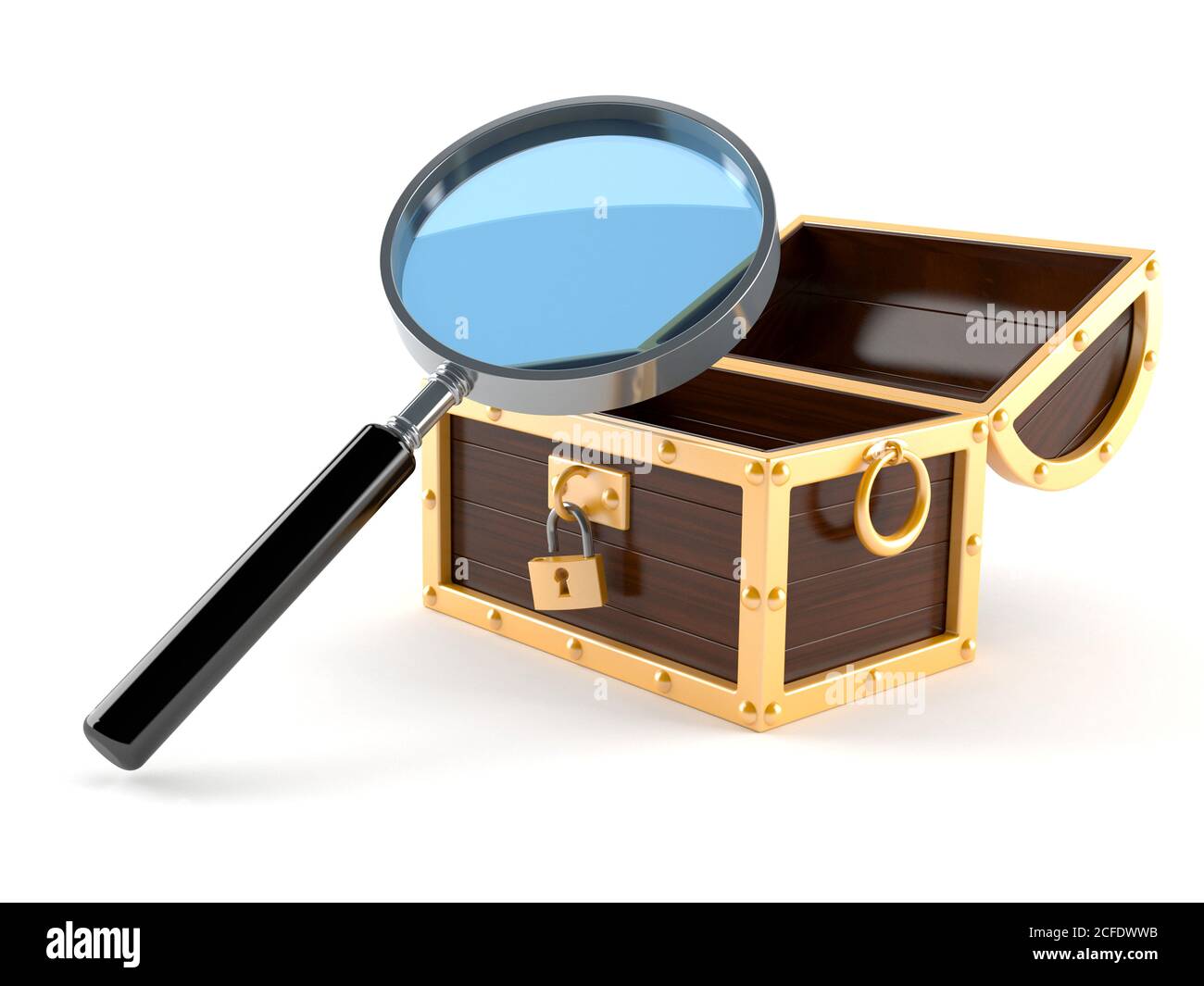 Magnifying glass with treasure chest isolated on white background Stock ...