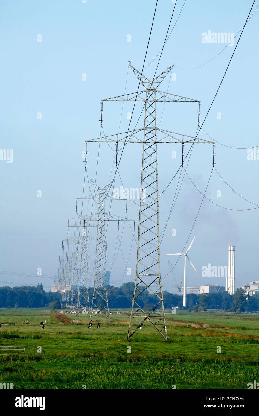 Electricity pylons, high-voltage pylons, with overhead lines, Blockland ...