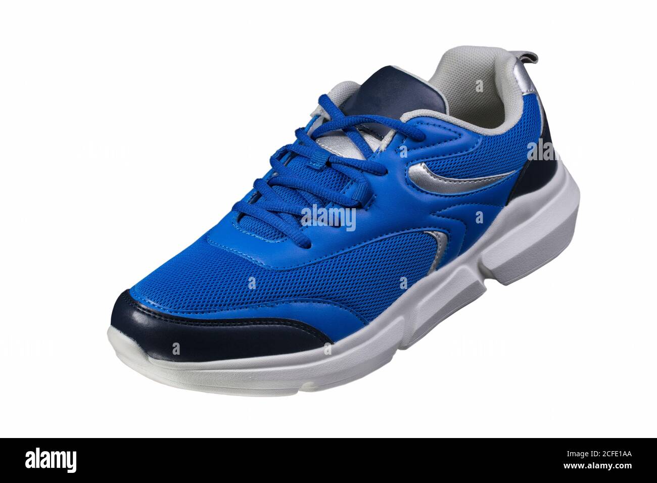 Blue sneaker made of fabric on a white background Stock Photo - Alamy