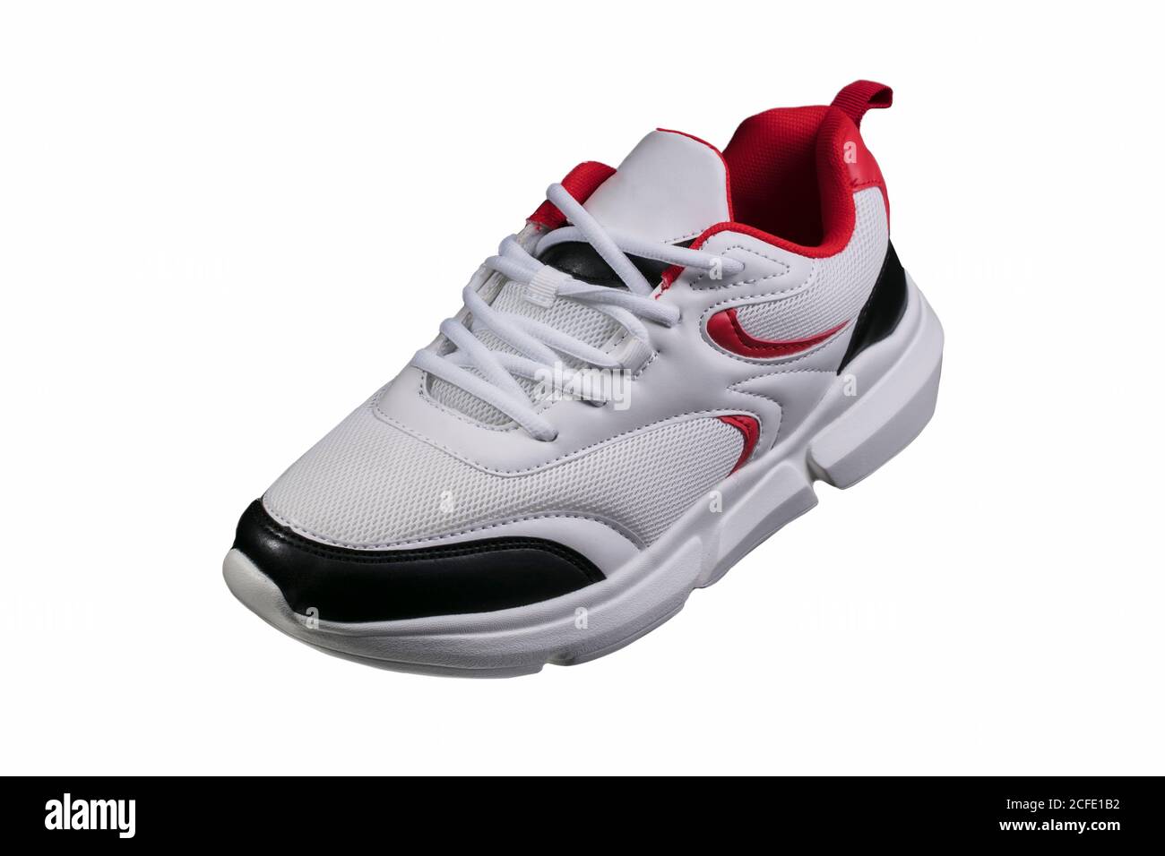 White sneaker with red and black accents on a white background. Sport ...