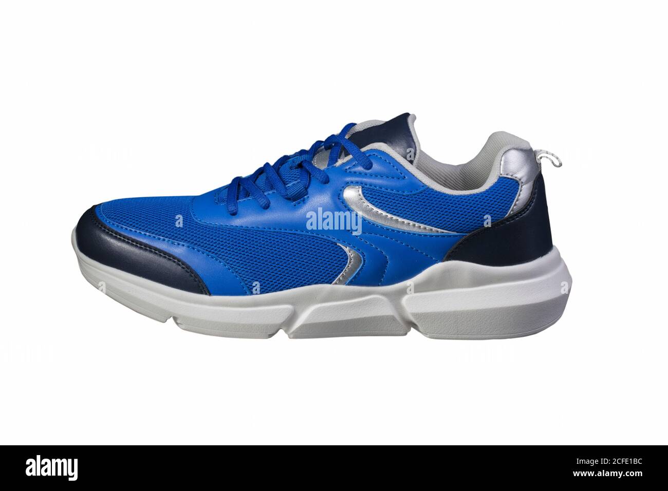 Blue sneaker made of fabric on a white background side view. Sport ...