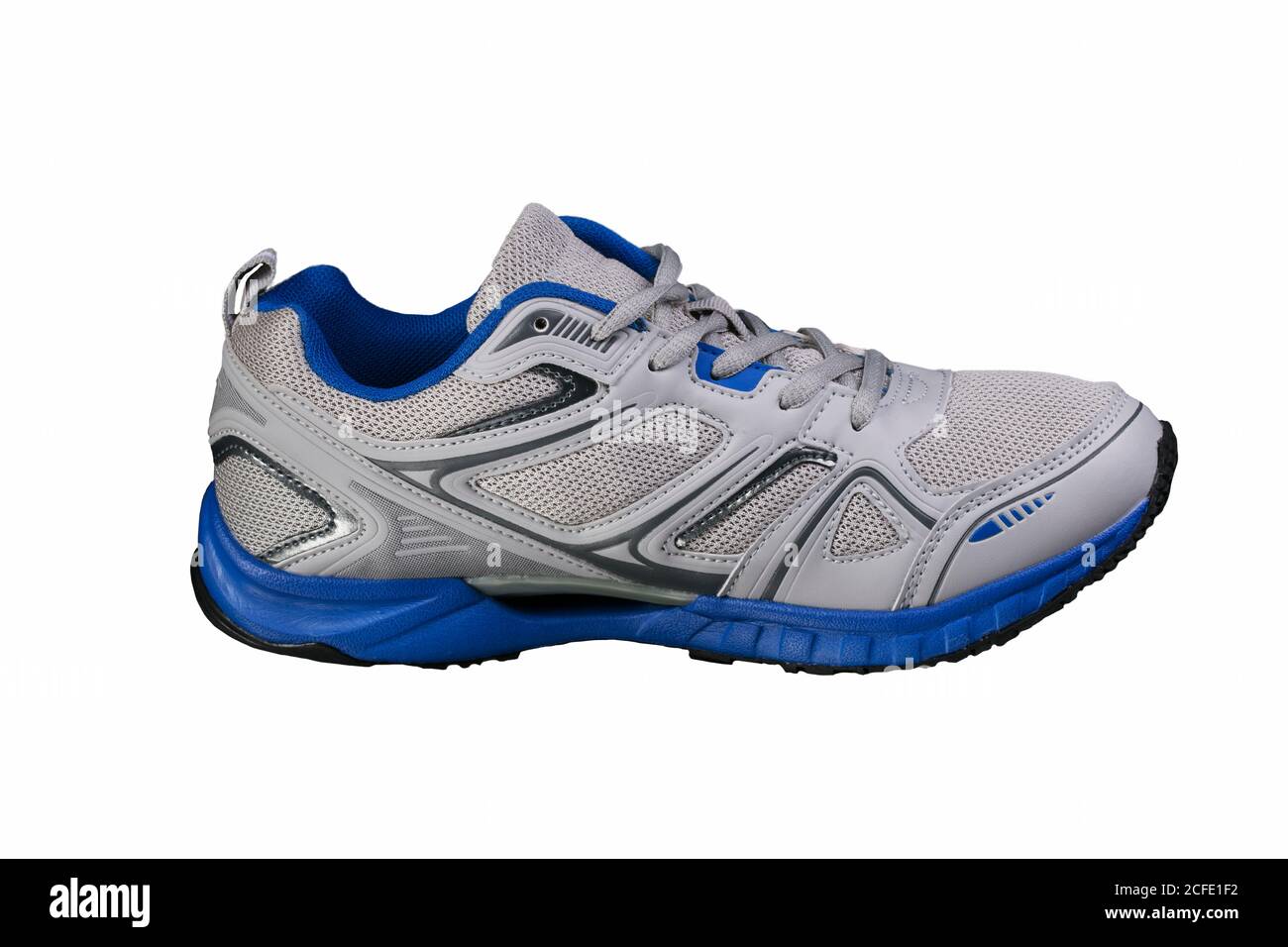 Gray sneaker with blue accents isolated. Sports shoes on a white ...