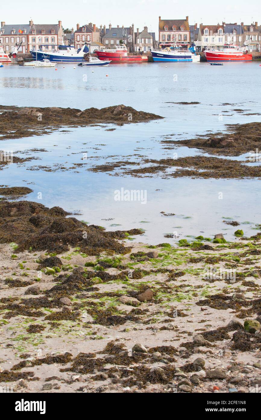 Boats in Barfleur harbor at low tide. The town is one of the most ...