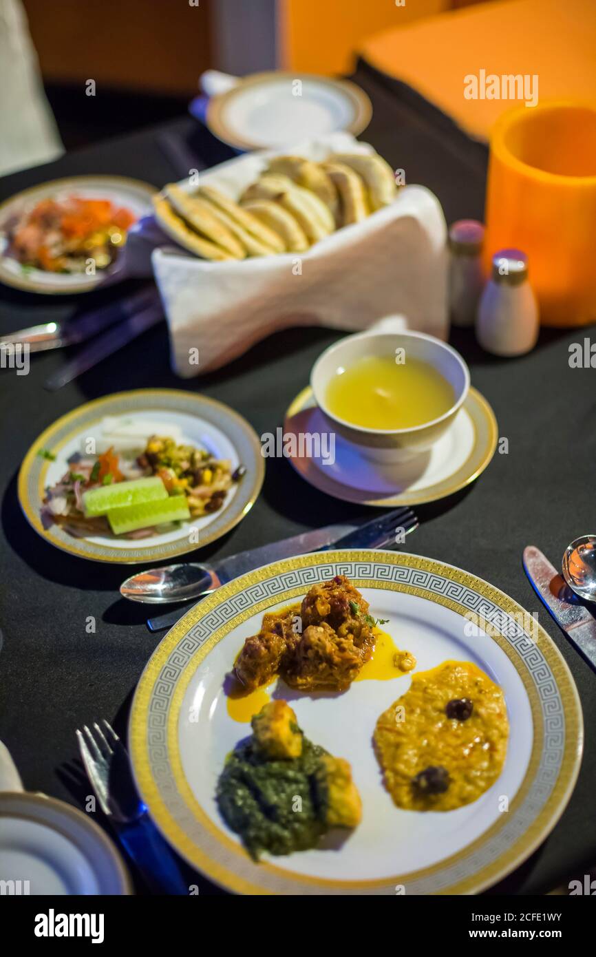 Dishes of Pakistani food, at luxury restaurant of hotel, Karachi, Sindh ...