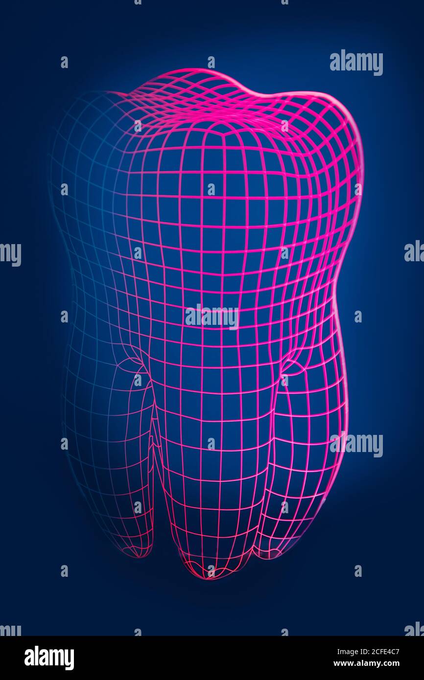 Tooth mesh on a blue background. Actively regenerating granules of ...