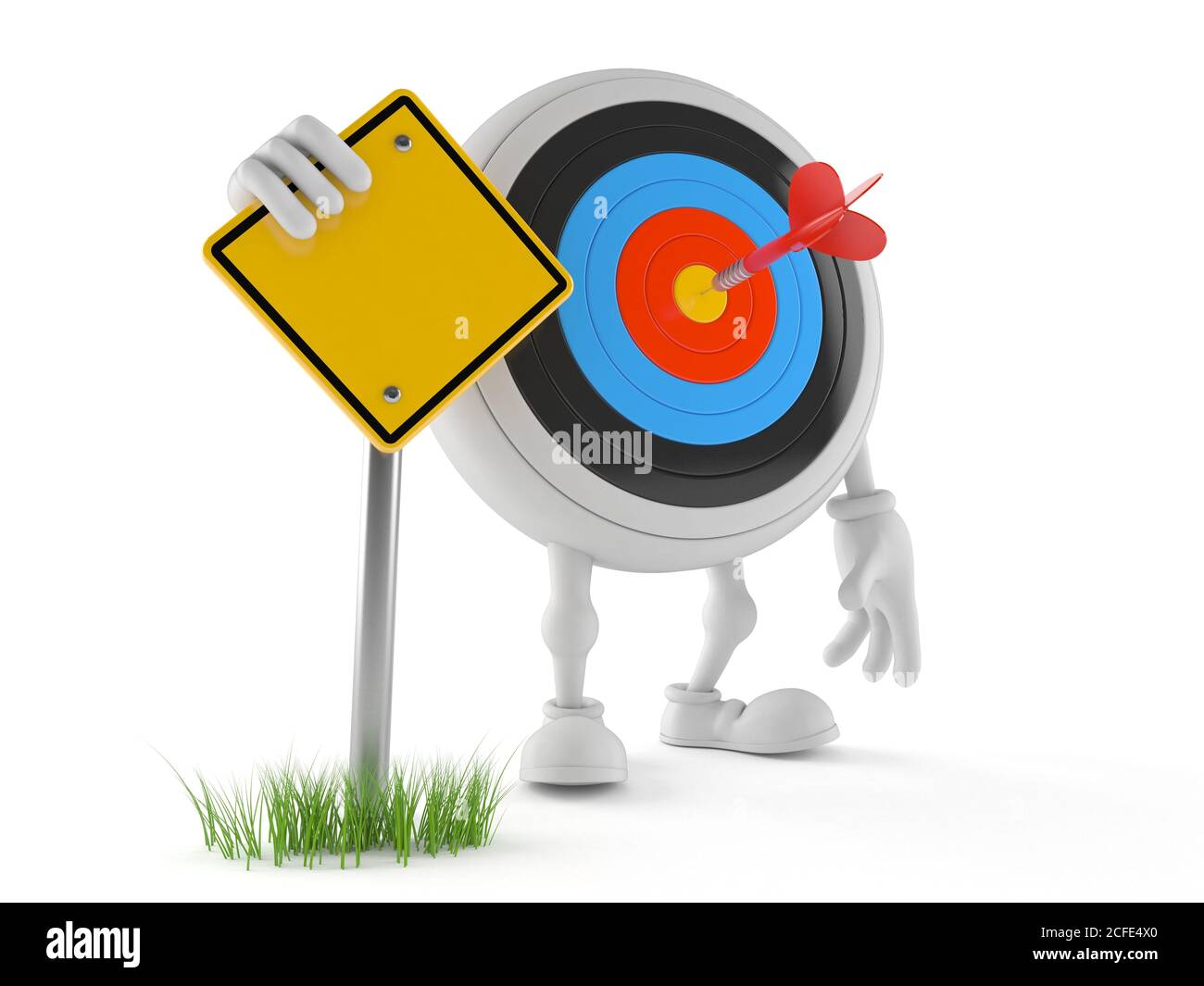 Bull's eye character with blank road sign isolated on white background ...