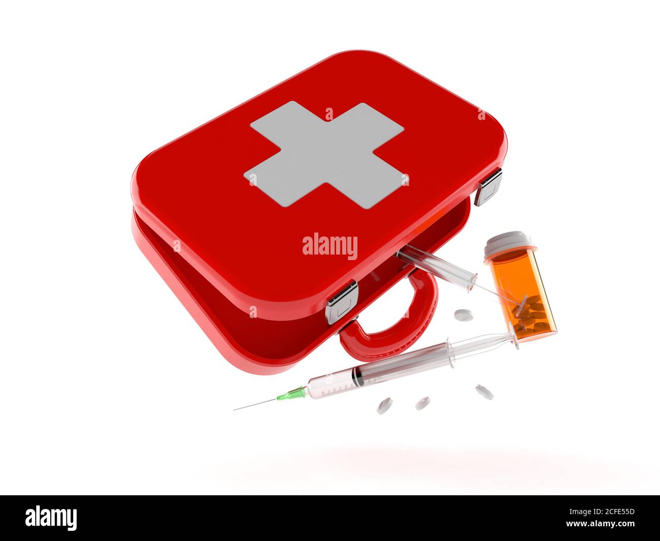 First aid kit with syringe and drugs isolated on white background Stock ...