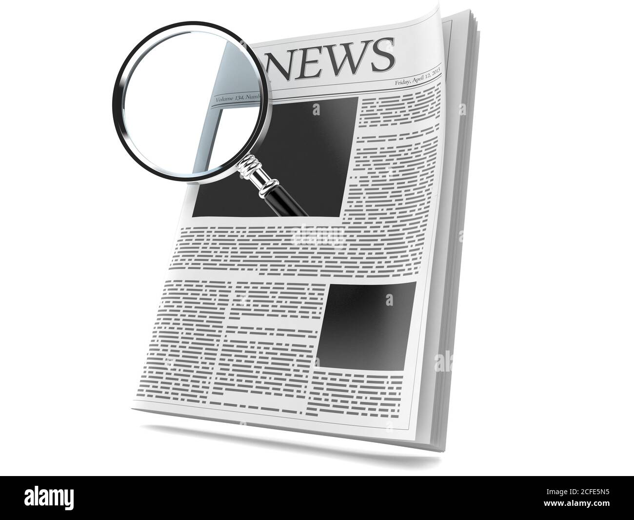 Newspaper with magnifying glass isolated on white background Stock ...