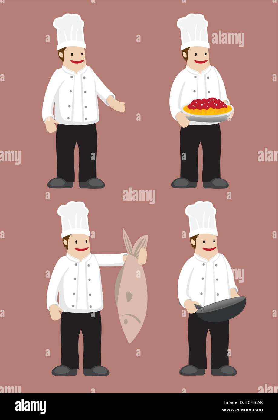Set of four cartoon chef in white double-breasted jacket chef uniform ...