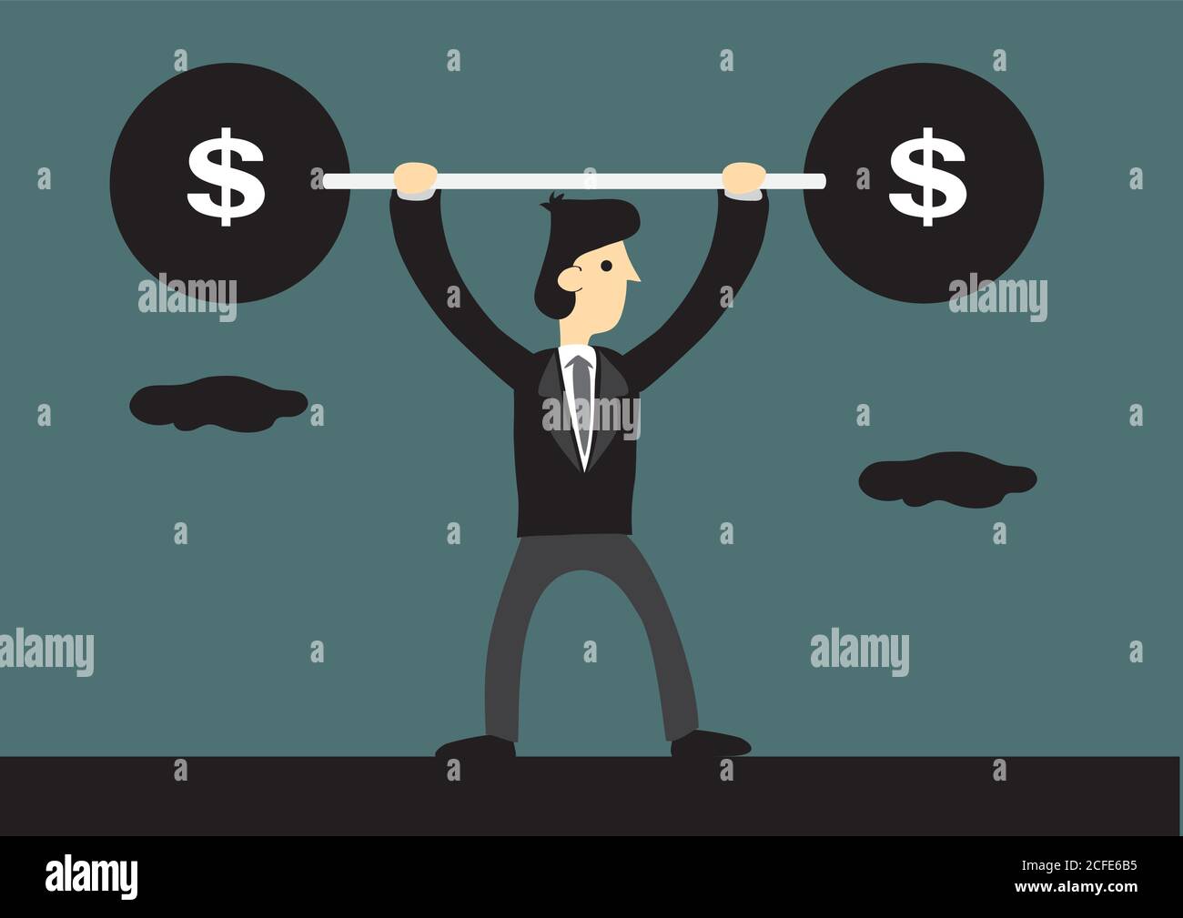 Skinny businessman lifts up heavy barbell with dollar sign. Creative ...