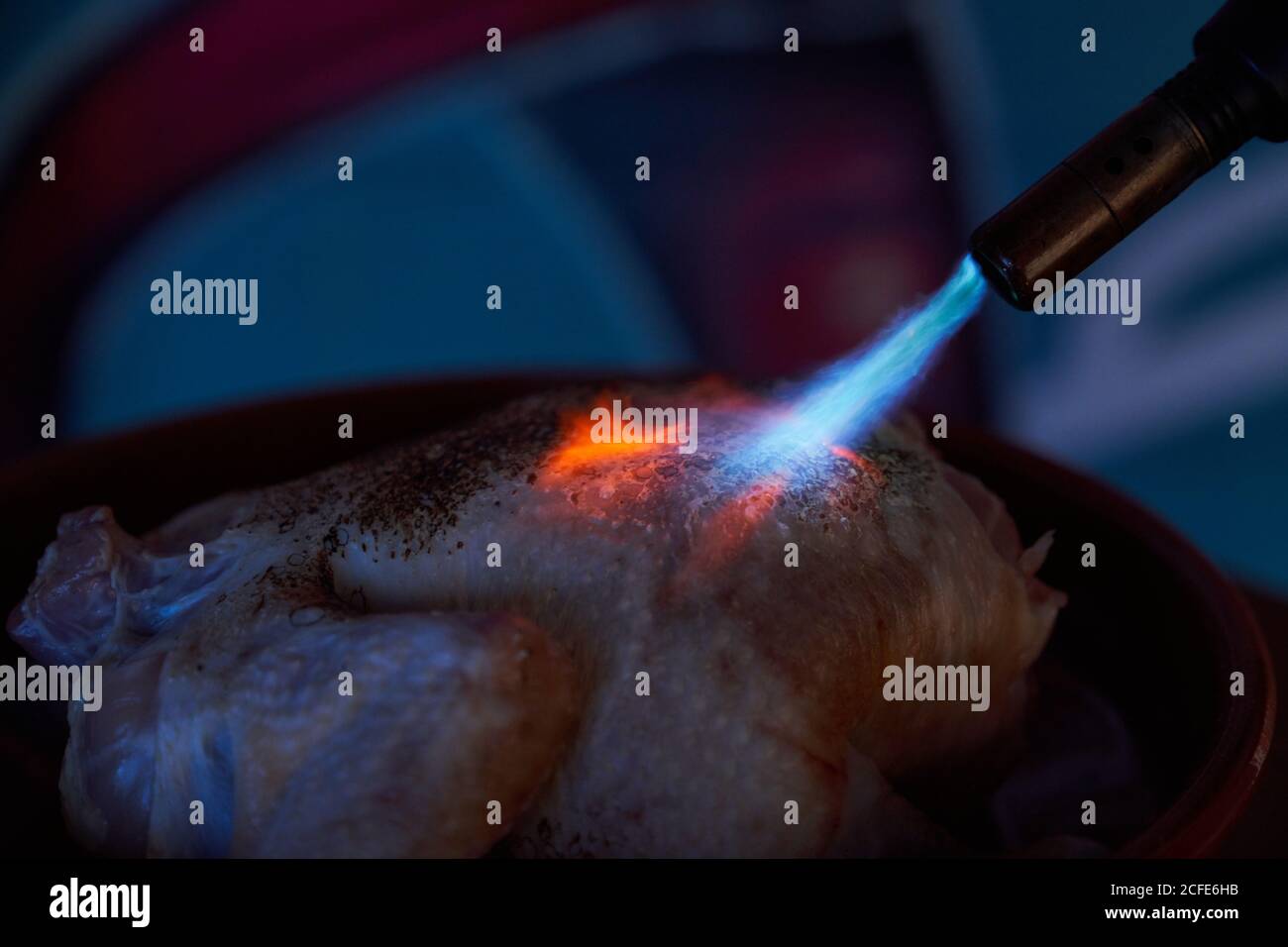 Whole fresh chicken during processing with flamethrower with bright gas ...