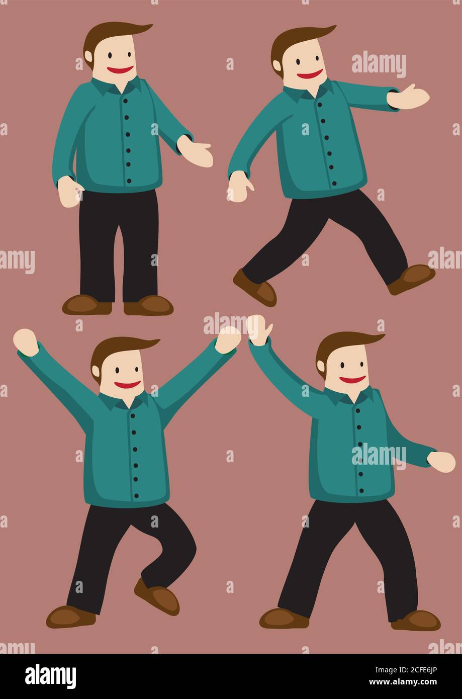 Set of four vector illustration of a cheerful plus size cartoon man in ...