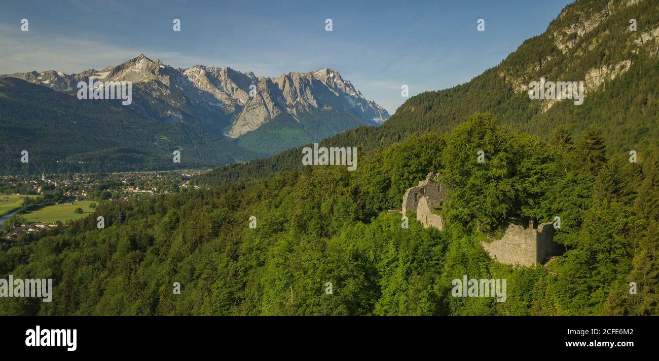 Aerial view of Werdenfels castle ruins in Garmisch-Partenkirchen in ...