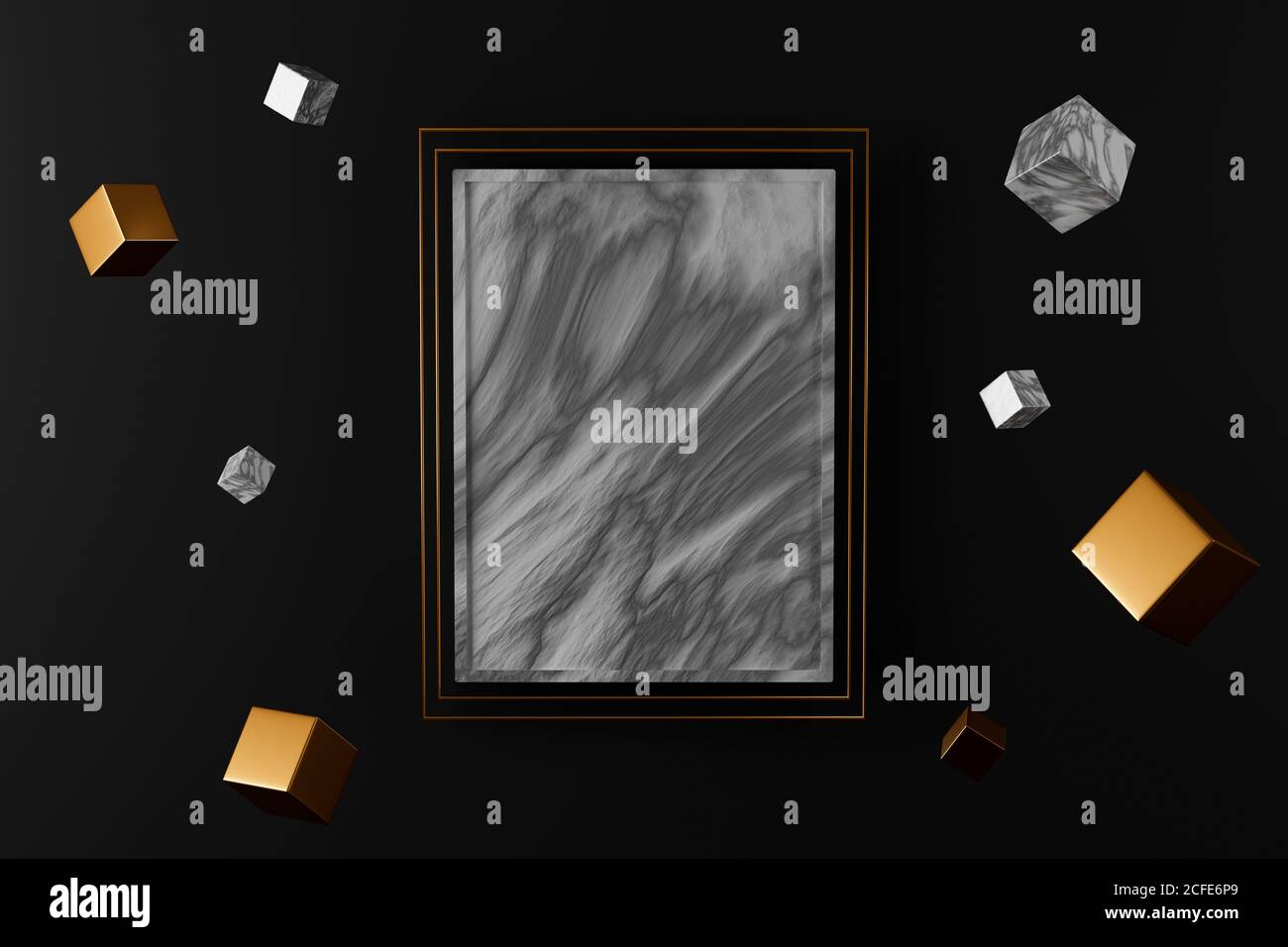 3d rendering marble tablet with rectangle borders, marble and gold ...