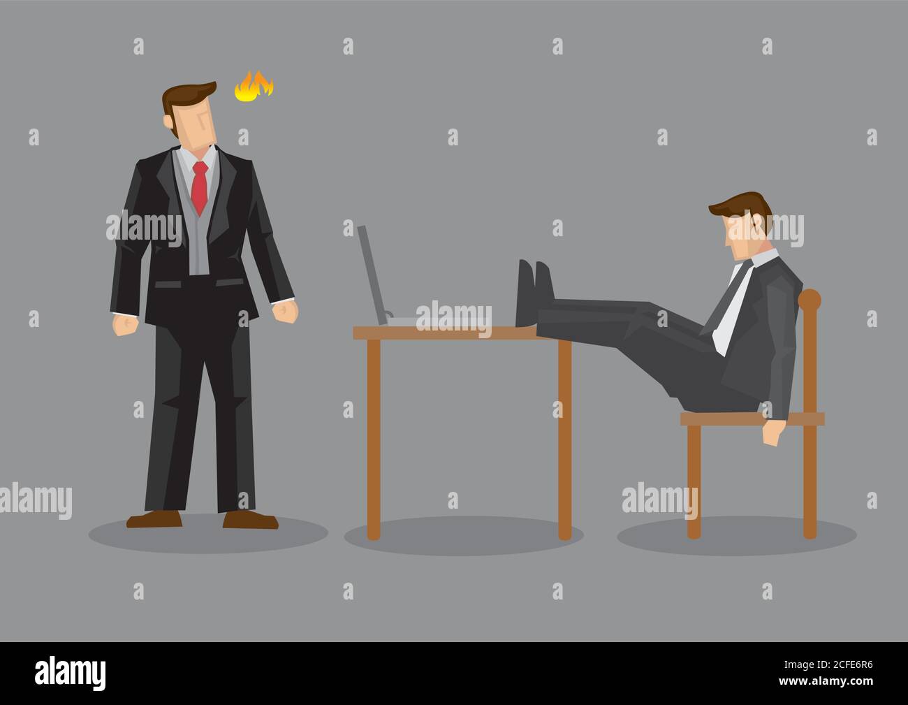 Boss or employer gets angry seeing employee napping at work with legs ...