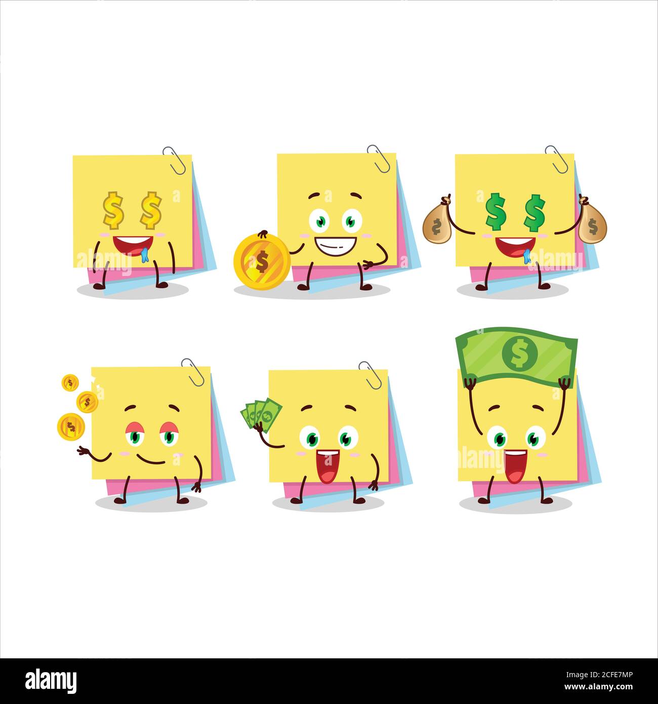 Sticky notes paper cartoon character with cute emoticon bring money ...