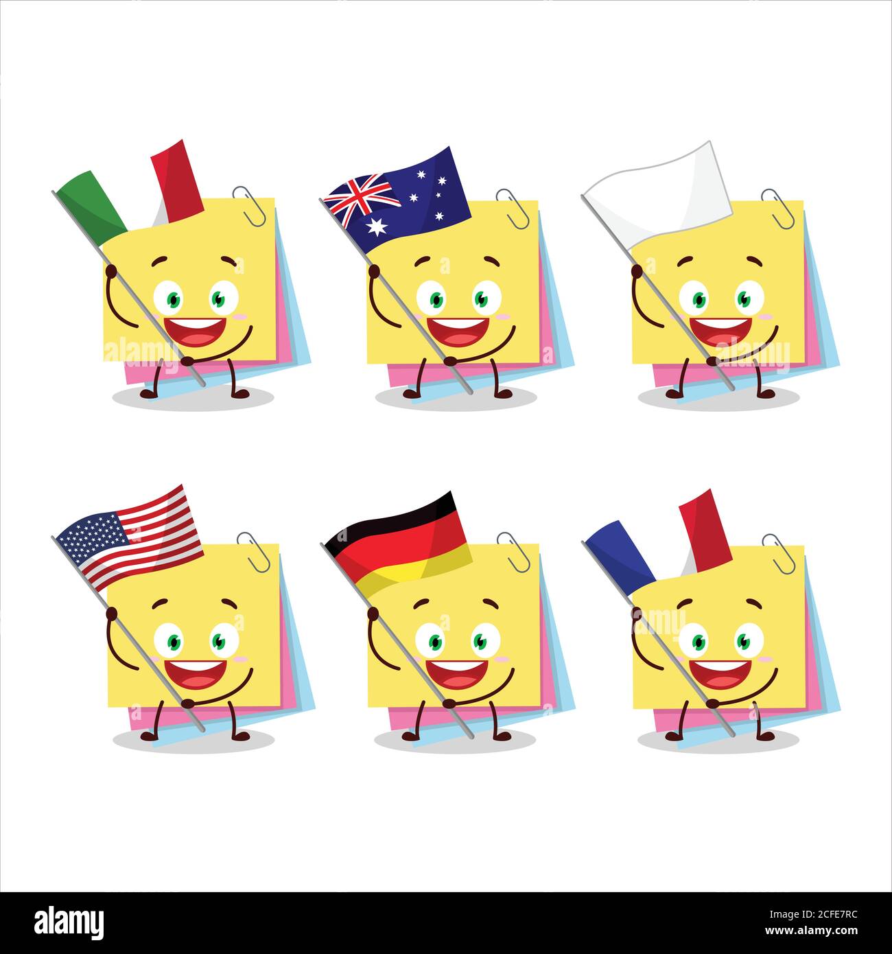 Sticky notes paper cartoon character bring the flags of various ...