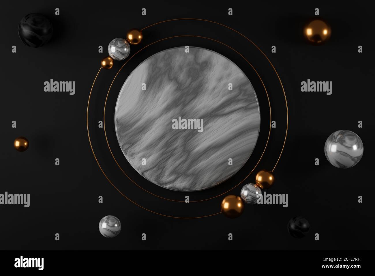 3d rendering abstract minimal design with marble circle, gold ring ...