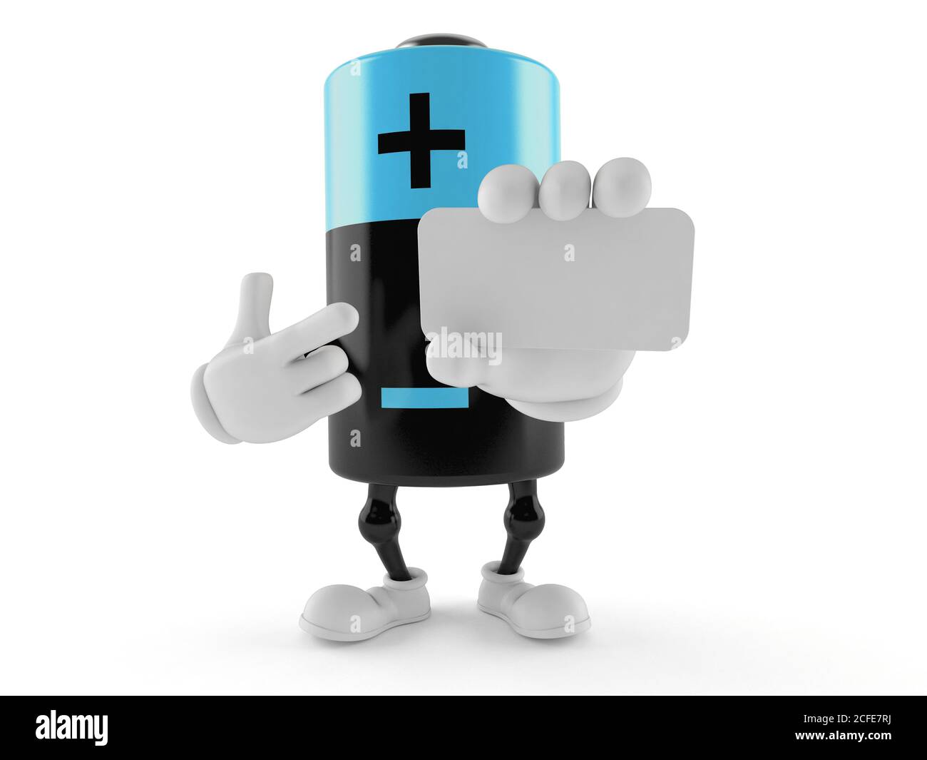 Battery character holding blank business card isolated on white ...