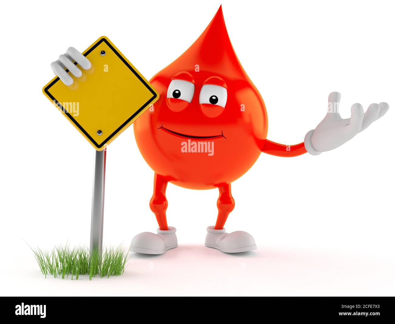 Blood drop character with blank road sign isolated on white background ...